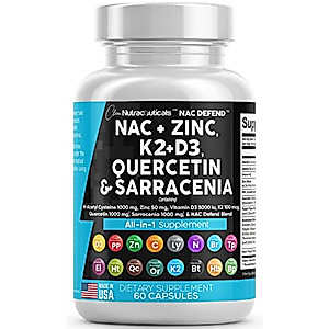 NAC Supplement N-Acetyl Cysteine 1000mg Vitamin D3 K2 Zinc Quercetin 1000mg Sarracenia Purpurea 1000mg with Elderberry Holy Basil Bee Propolis Bromelain L-Lysine Made in USA - 60 Count