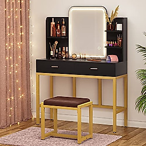 armocity Vanity Desk with Mirror and Light, Makeup Vanity with Cushioned Stool, Vanity Table Set with 3 Color Lighting Options, Modern Dressing Table with 2 Storage Drawers for Bedroom, Black
