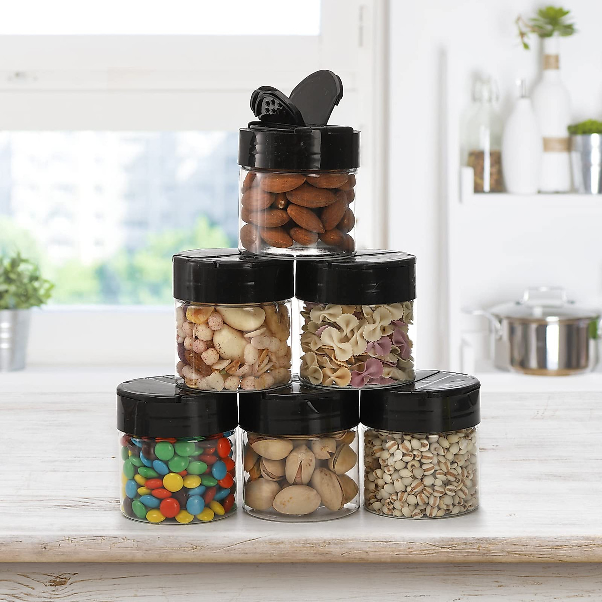 Foraineam 30 Pack Clear Plastic Jars 4 oz Mini Seasoning Bottles Spice Jars with Black Flip Cap to Pour Or Shaker, Round Food Safe Storage Containers with Lids for Spice Powders Cosmetics Crafts