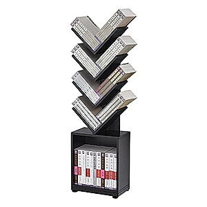 ruboka 5-Shelf Tree Bookshelf with Storage, 37.9-Inch Retro Floor Standing Bookcase Display for CDs/Magazine/Books, Small Bookshelf for Bedroom, Living Room, Office, Black Storage Shelves DESK56B