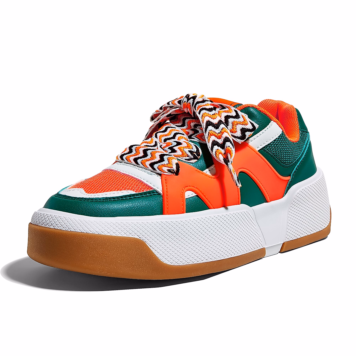 LUCKY STEP Women’s Platform Fashion Sneakers Lace up Casual Faux Leather Comfortable Thick Sole Tennis Walking Shoes (Green/Orange, 7 B(M) US)