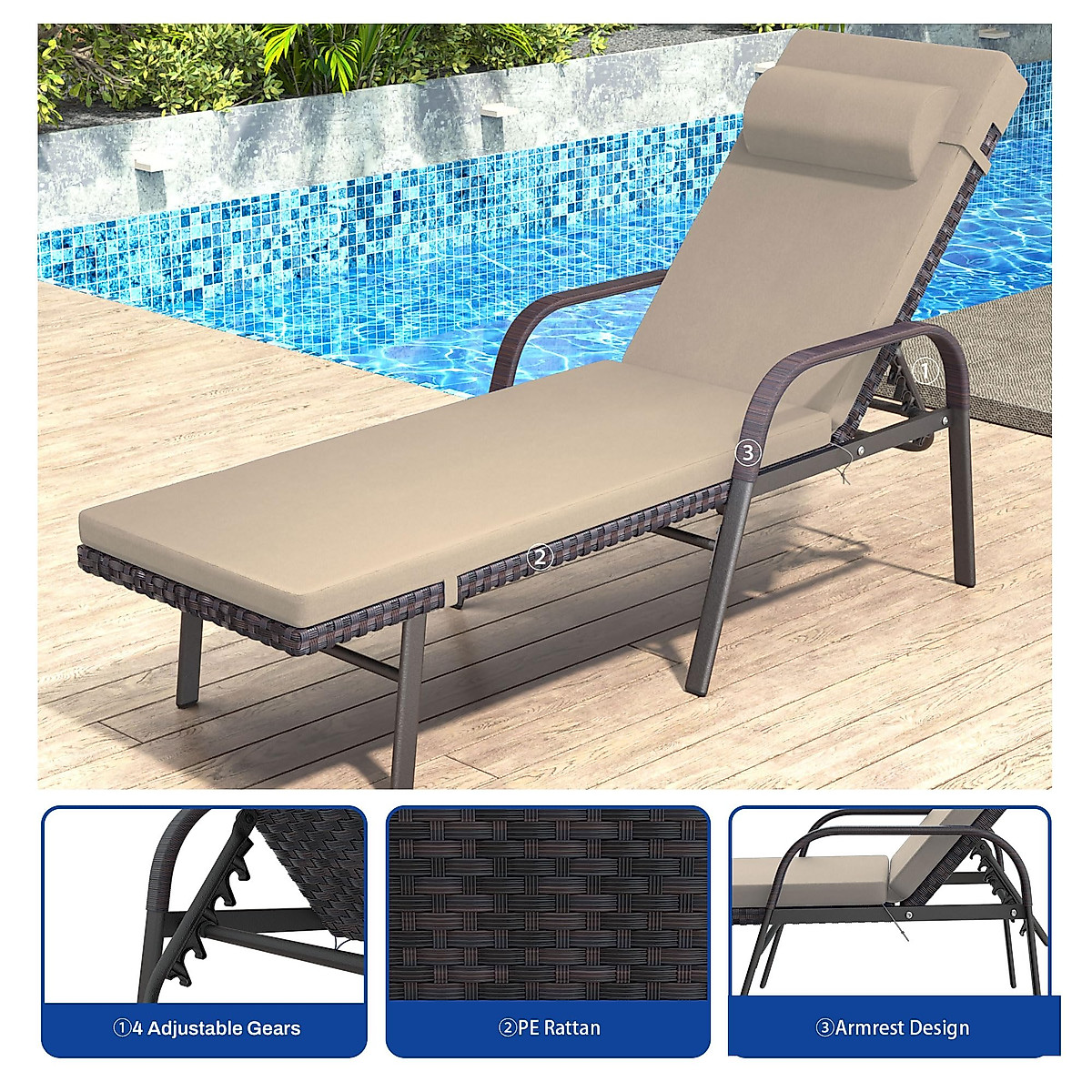 Trumbeak Patio Chaise Lounge Set 3 Pieces Pool Lounge Chairs,Cushioned Outdoor Folding Lounge Chair w/Arm and Rattan Adjustable Backrest for Poolside Porch,Folding Table Included,Sand