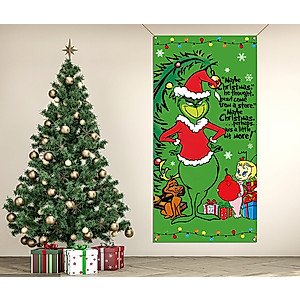 Nepnuser Merry Christmas Door Cover Grinchmas Whoville Xmas Winter Holiday Party Decorations Backdrop Door Hanging Banner