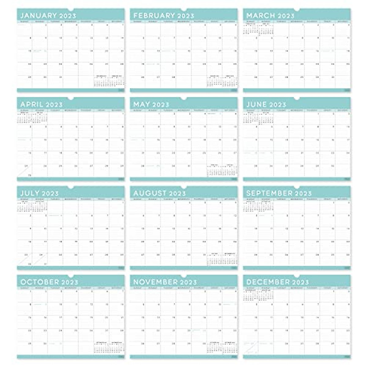 S&O Basic Teal Business Wall Calendar from Jan 2023-Jun 2024 - Tear-Off Monthly Calendar for Office - 18 Month Academic Wall Calendar 2023-2024 - Hanging Calendar with Monthly Mini-Calendars - 10.5x13.5”in