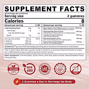 Sugar Free Maca Root Filled Gummies 2000mg for Women & Men with Ashwagandha, Tribulus Terrestris, Rhodiola, Panax Ginseng, L Arginine & L Tyrosine for Natural Energy, Mood & Immune Support - Vegan