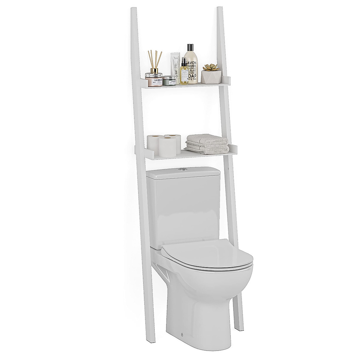 Ballucci Over The Toilet Storage Shelf, 2-Tier Over Toilet Bathroom Organizer, Bath Towel Rack and Behind Toilet Organizer Leaning Shelf, Modern Bathroom Decor Ladder Shelves, White