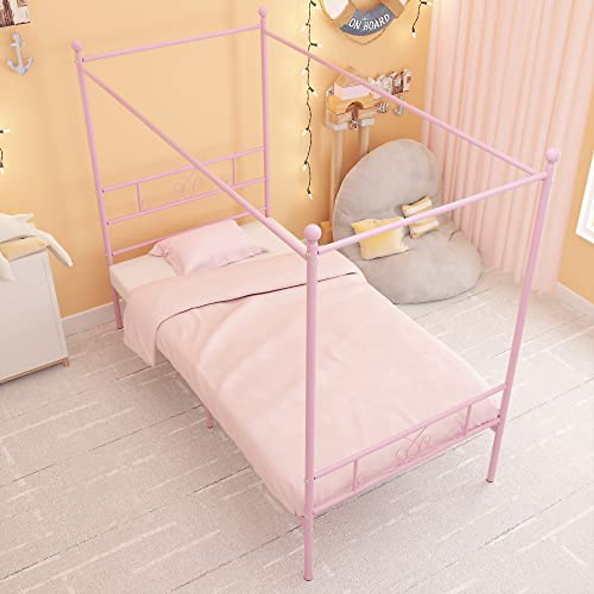 Weehom Metal Canopy Bed Frame Platform Bed 4 Posters Sturdy Steel Mattress Foundation with Headboard and Footboard Box Spring Replacement Easy DIY Assembly Twin,Pink