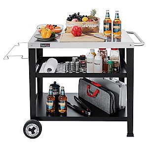 Grills House Movable 3-Shelf Grill Cart with Wheels, 33.5" L x 20" W Stainless Steel Tabletop, Multifunctional Dining Table for Pizza Oven, Food Prep, Outdoor Garden BBQ Trolley, PC-AMZ-3404S, Silver