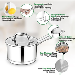 TeamFar 2 qt Saucepan with Lid, Stainless Steel Small Sauce Milk Pan with Tri-ply Bottom for Induction/Gas/Electric/Ceramic, Healthy & Heavy Duty, Mirror Finish & Straight Side, Dishwasher Safe