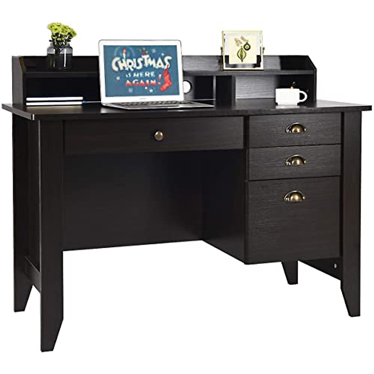Catrimown Computer Desk with Drawers and Hutch, Farmhouse Wood Home Office Desk Kids Writing Study School Student Desk PC Laptop Desk Bedroom for Small Spaces, Espresso Brown