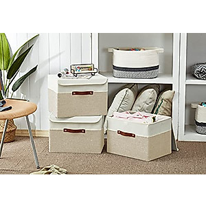 DECOMOMO Foldable Storage Bin with Lids [3-Pack] Collapsible Sturdy Cationic Fabric Storage Basket Box Container W/Handles for Organizing Shelf Nursery Linen (Beige and White, 15 x 11 x 11” – 3 Pack)