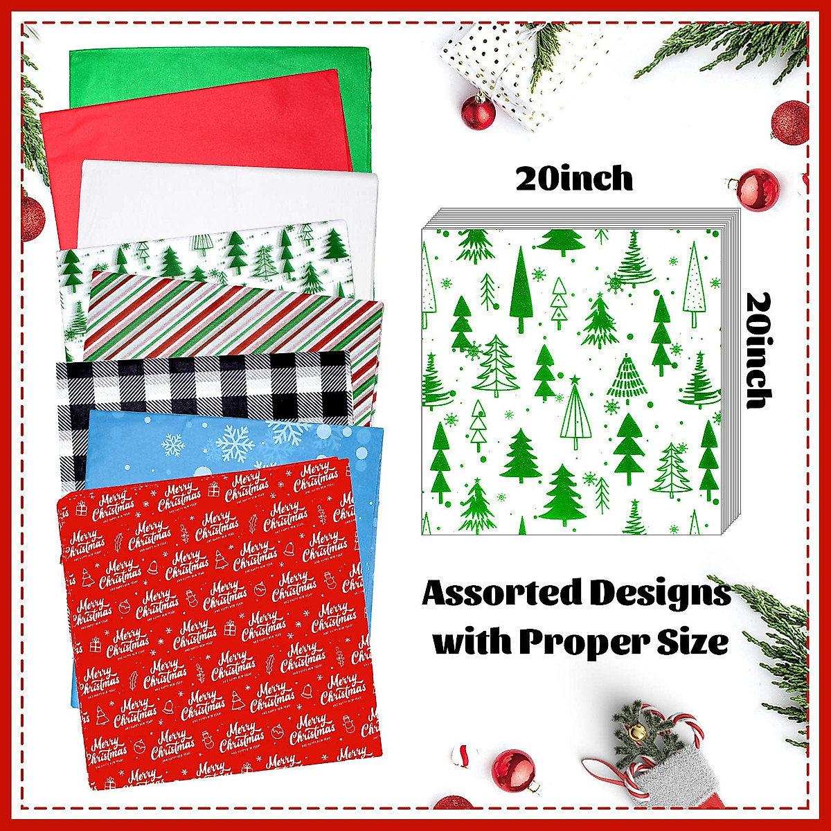 Hifunwu 160 Sheets Christmas Tissue Paper for Gift Wrapping Bags, Christmas Tissue Paper Bulk, Holiday Tissue Paper for Gift Bags Wrapping