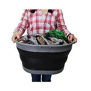 SAMMART 25L(6.6 Gallon) Collapsible Plastic Laundry Basket-Oval Tub/Basket-Foldable Storage Container-Portable Washing Tub-Space Saving Laundry Hamper, Water Capacity 20L(5.28 Gallon)(2, Grey/Black)