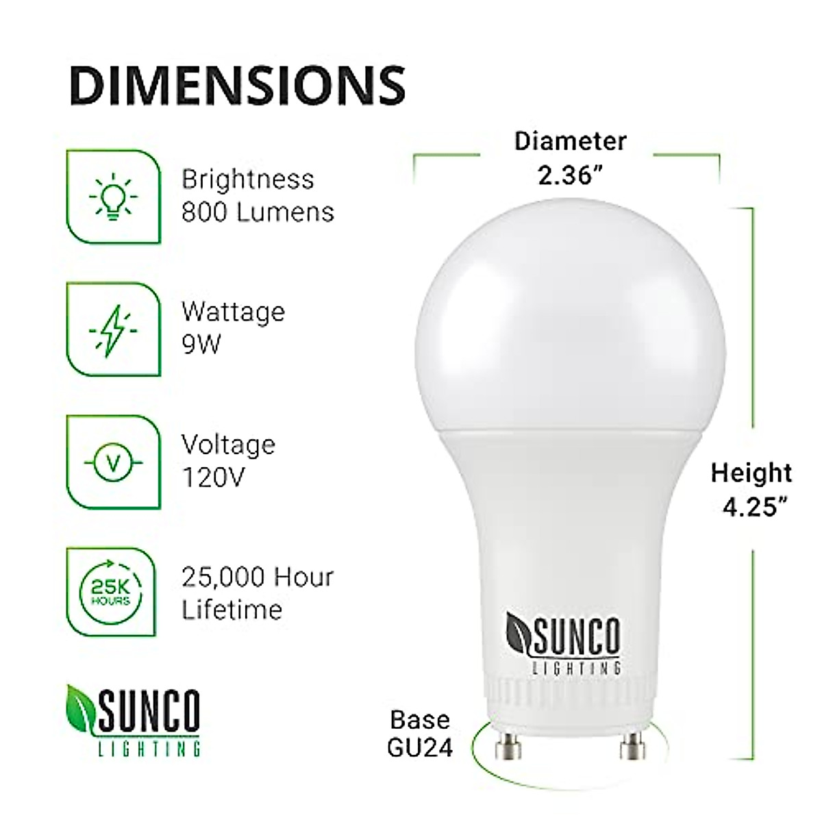 Sunco 6 Pack GU24 LED Light Bulbs 2 Prong A19, CRI91 5000K Daylight, 9W Equivalent 60W, CFL Replacement 800 Lumen, Super Bright Dimmable Twist & Lock GU24 Pin Base with 2 Prongs Instant On UL