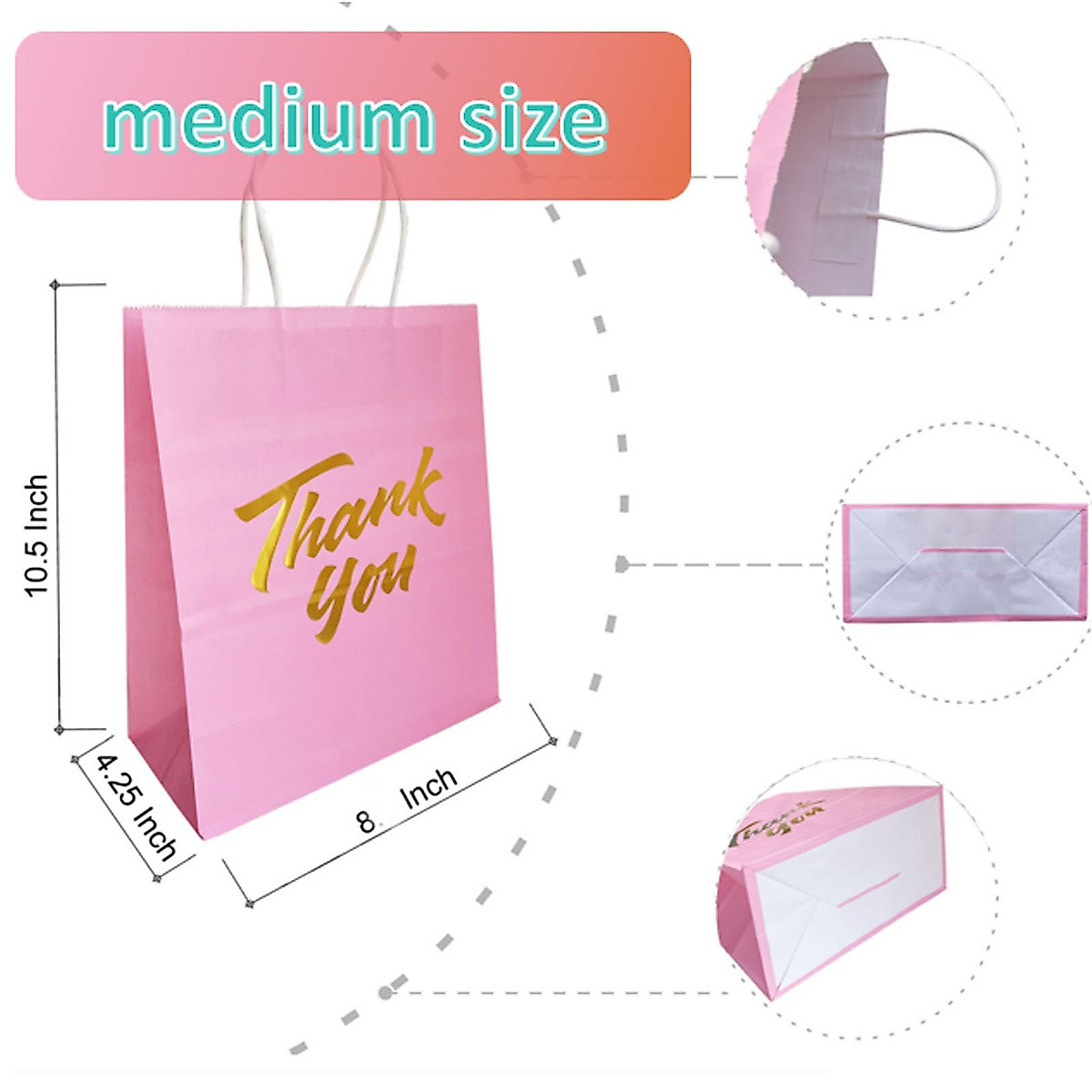 XIAMUY 50Pcs Gift Bags Medium, 8x4.25x10 Inch Paper Bags For Gifts, Thank You Gift Bags With Handles, Pink Shopping Bags, Paper Gift Bags For Christmas, Holiday, Business