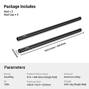 SmallRig 16 Inches (40 cm) Black Aluminum Alloy 15mm Rod with M12 Female Thread, Pack of 2 - 1054