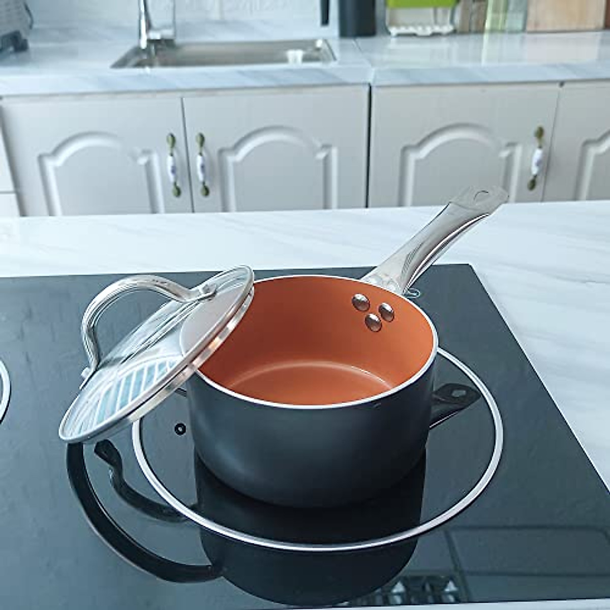 SHINEURI 5 Pieces Copper Cookware Copper Pans and Pot Nonstick Pot and Pans Copper Nonstick Cookware, Ceramic Pot and Pans, Copper Pot - 8 inch Pan, 9.5 inch Frying Pan and 2.5 qt Pot with Lid