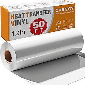 CAREGY HTV Heat Transfer Vinyl White Iron on Vinyl 12 inch x50 Feet Roll Easy to Cut & Weed DIY Design for T-Shirts (White)