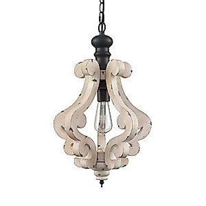 CLAXY Wooden Pendant Light Distressing Off-White Finish Farmhouse Chandelier