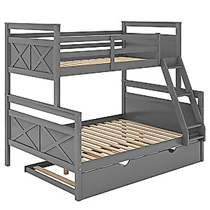 Merax Trundle Bunk Bed, Twin Over Full Wood Bunk Bed with Twin Size Trundle, Solid Wood Bunk Bed Frame with Guardrail and Ladder, Grey