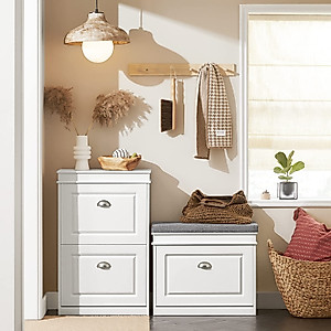 Haotian White Hallway Shoe Bench, Narrow Shoe Rack Entryway, Small Shoe Cabinet with 1 Flip-Drawer and Seat Cushion, FSR82-K-W