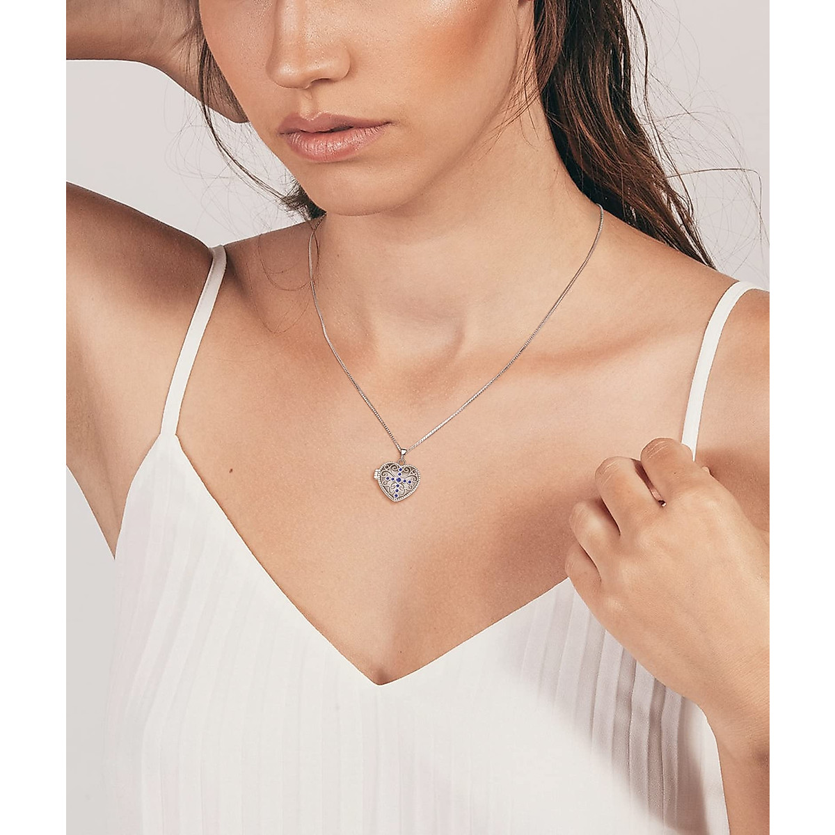 YL Cross Locket Necklace Sterling Silver Heart Pendant Created Tanzanite Filigree Jewelry for Women