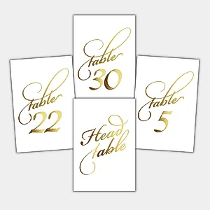 Generic Arinas Wedding Table Numbers - Gold Foil 1-30 + Head Table - Gold Table Number Cards For Wedding Reception - Double-Sided 4x6