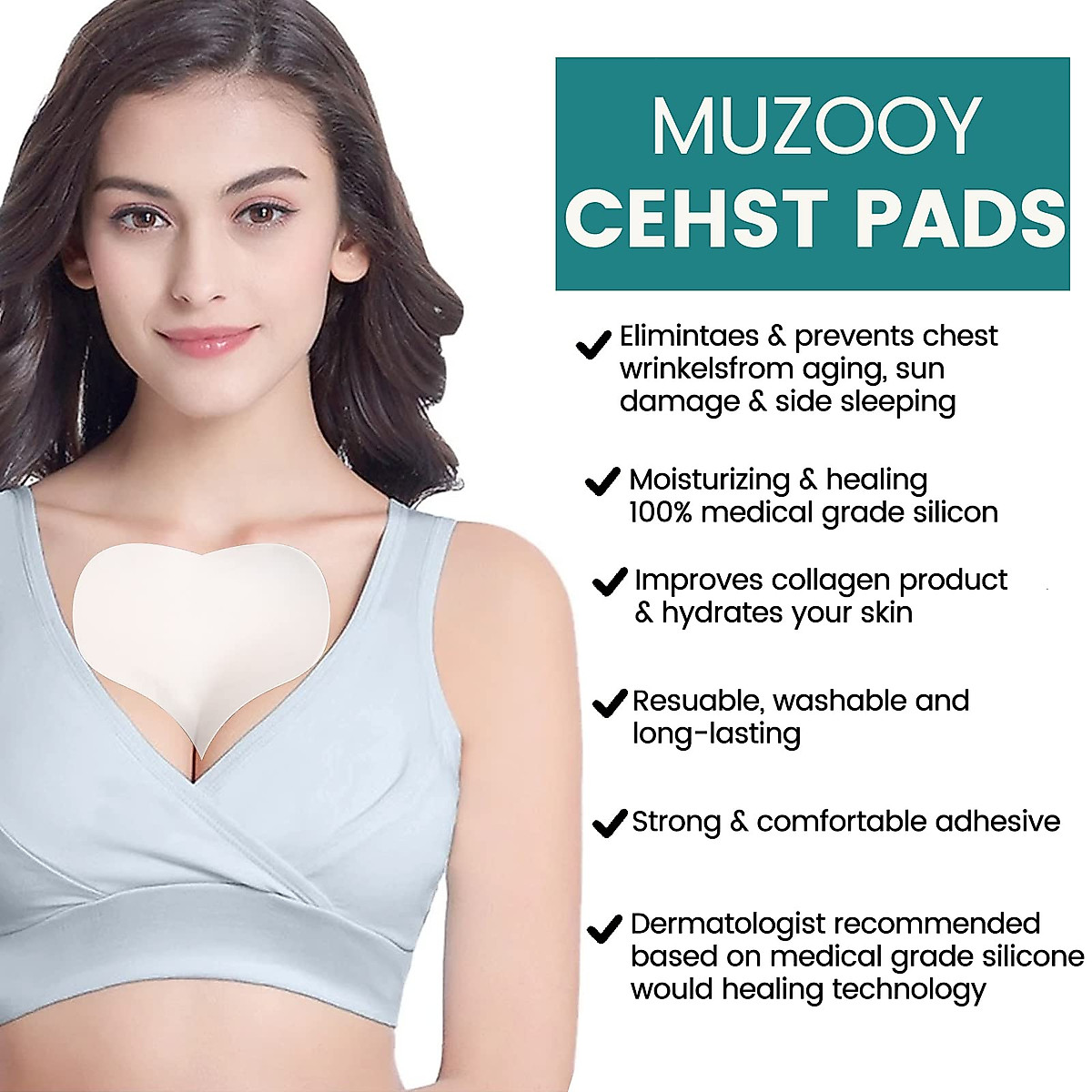 Muzooy 4 Pack Chest Wrinkle Pads, Anti Wrinkle Silicone Chest Patches, Resuable and 100% Medical Grade Décolleté Anti Wrinkle Patches, Overnight Wrinkle Remover Treatment while Sleeping