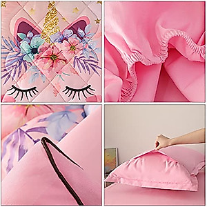 Pink Unicorn Toddler Bedding Set for Girls 4 Piece Flower Toddler Comforter Set for Kids Bed-in-a-Bag Bedspreads Quilt Toddler Bed Sheet Set with Quilted Comforter,Flat Sheet,Fitted Sheet,Pillowcase