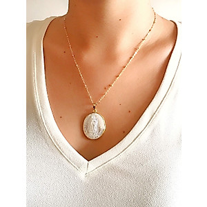 LESLIE BOULES Mother of Pearl Guadalupe Medal Pendant Necklace for Women 18K Gold Plated Chain