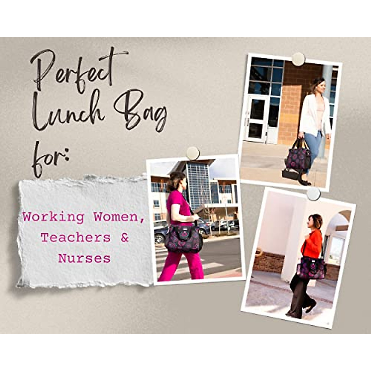 Pursetti Insulated Lunch Bag for Women-Reusable Large Lunch Tote Bag with Water Bottle Holder & Leak-Proof Lining for Work or Travel-Carry by Hand, On the Shoulder or Crossbody (Purple Circle)