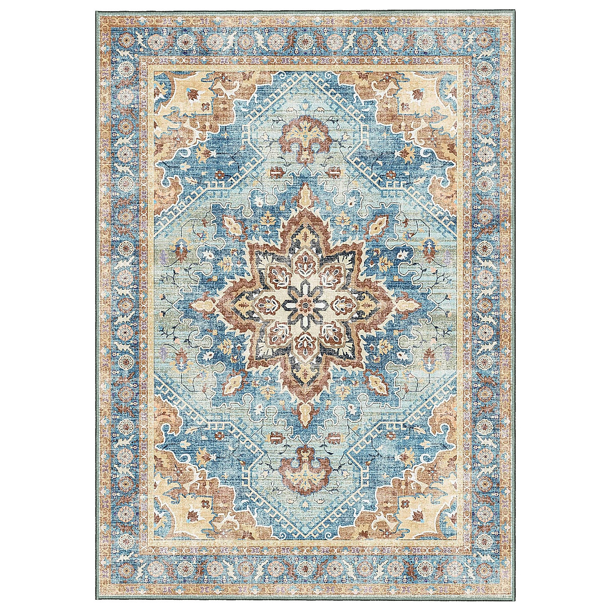 VOTOWN HOME Area Rug 6'x9' - Vintage Design Washable Living Room Rug with Non-Slip Rubber Backing, Non-Shedding, Faux Wool Vintage Boho Area Rug for Bedroom, Dining Room and Laundry Room