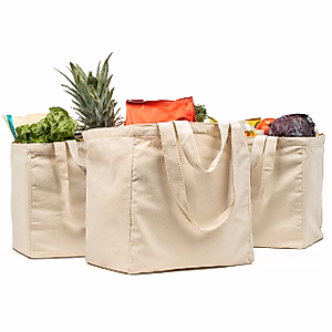 VeraMia Canvas Grocery Bag 3pc Jumbo Set with Real Pockets, Long Shoulder Strap and Short Handle. Reusable Shopping Bags for Groceries Heavy Duty, Foldable, Washable, Unbleached Grocery Tote Bag