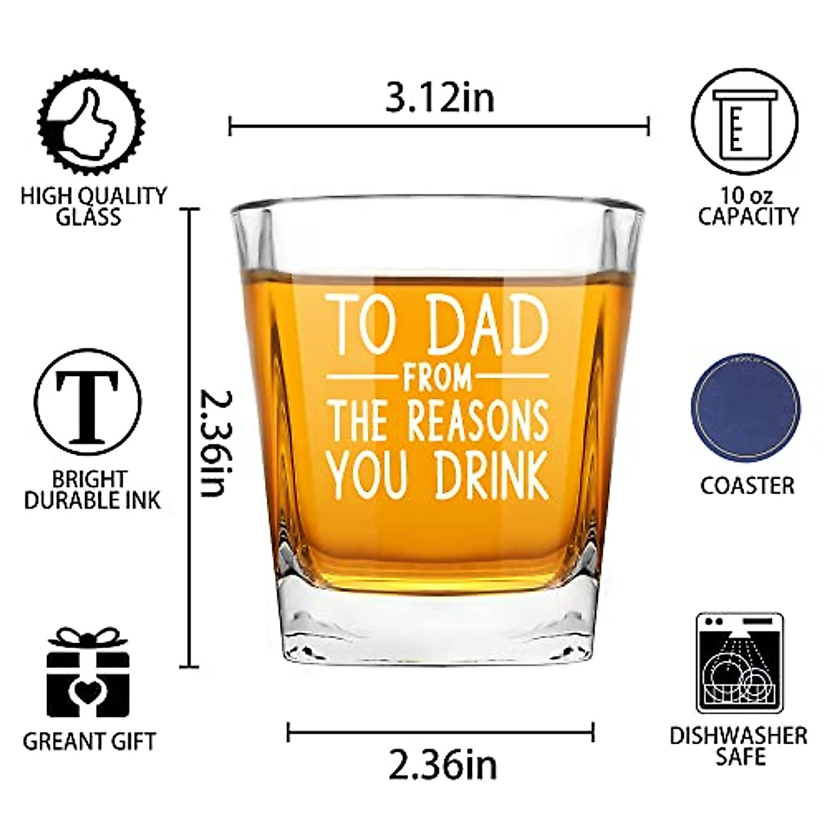 To Dad From The Reasons You Drink Funny Whiskey Glasses Gifts for Dad, Novelty Unique Birthday Gifts, Thanksgiving, Christmas Gifts for Dad, Men, Him from Daughter, Son, Kids, Wife, Whisky Glass 10 oz