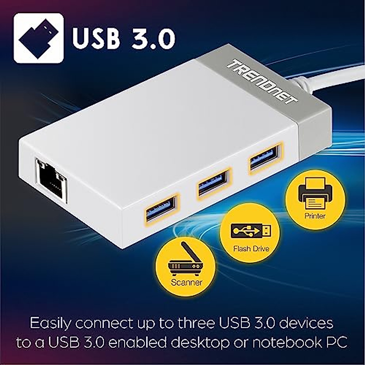 TRENDnet 3-Port USB 3.0 Hub, TU3-ETGH3, Compact USB to Ethernet Adapter, 3 x USB 3.0 Ports, 1 x RJ-45 Gigabit Ethernet Port, Supports XP, Vista, Windows, Mac OS 10.6-10.9, Nintendo Switch, White