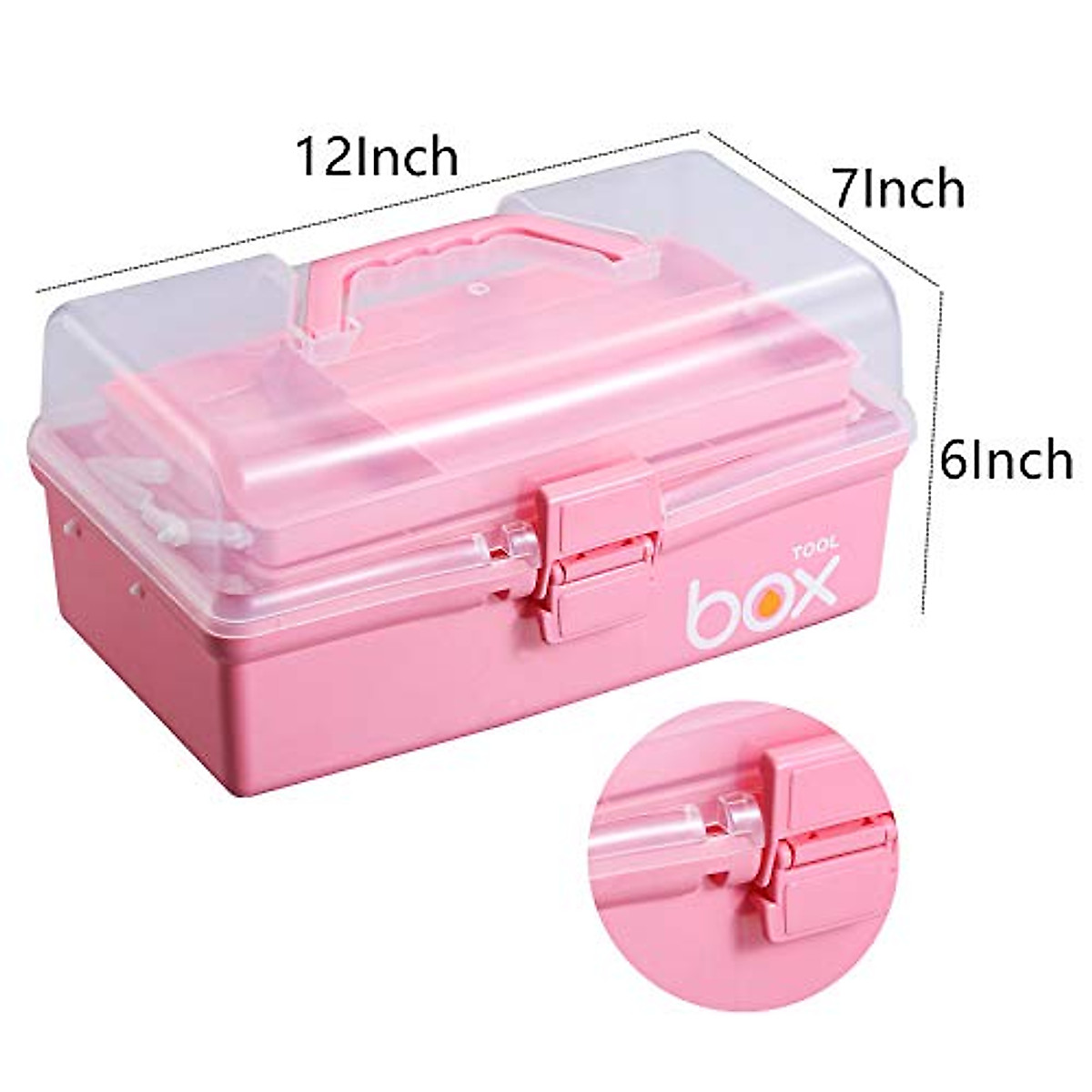 Kinsorcai 12'' Three-Layer Clear Plastic Storage Box/Tool Box, Multipurpose Organizer and Portable Handled Storage Case for Art Craft and Cosmetic (Pink)
