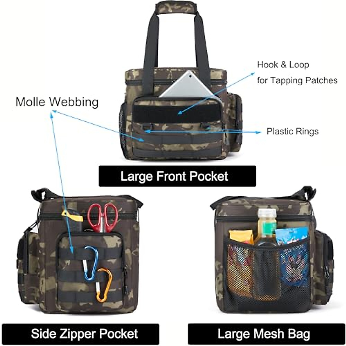 Hxy Ang Tactical Lunch Box for Men, Large Leakproof Insulated Lunch Bag, Heavy Duty Lunch Cooler Bag with MOLLE Lunch Pail for Work Camping Fishing Picnic (Black-Camo, 14L)