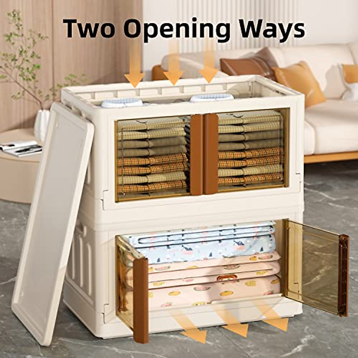 Plastic Storage Bins with Lids - 76Quart Collapsible Storage Bins,3 Packs Stackable Storage Bins with Lids,Beige Wardrobe Closet Organizer,Storage Cabinet,Foldable Plastic Storage Container with Door