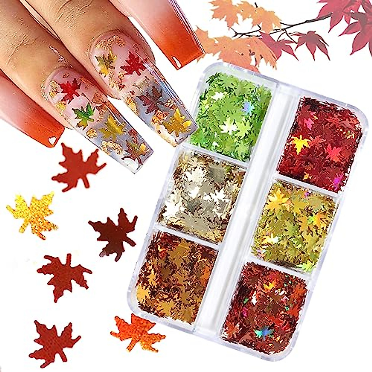 Autumn Fall Leaf Nail Glitter Shapes Thanksgiving Maple Leaf Glitter Sequins Holographic Nail Sequins Shapes Mixed Leaf Confetti Halloween Fall Maple Leaf Glitter Flake Design Decoration(6 Grids)