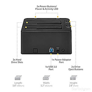 StarTech.com Dual-Bay USB 3.0 To SATA Hard Drive Docking Station, USB Hard Drive Dock, External 2.5/3.5" SATA I/II/III, SSD/HDD Docking Station, Hot-Swap Hard Drive Bay, Top-Loading (SDOCK2U33),Black