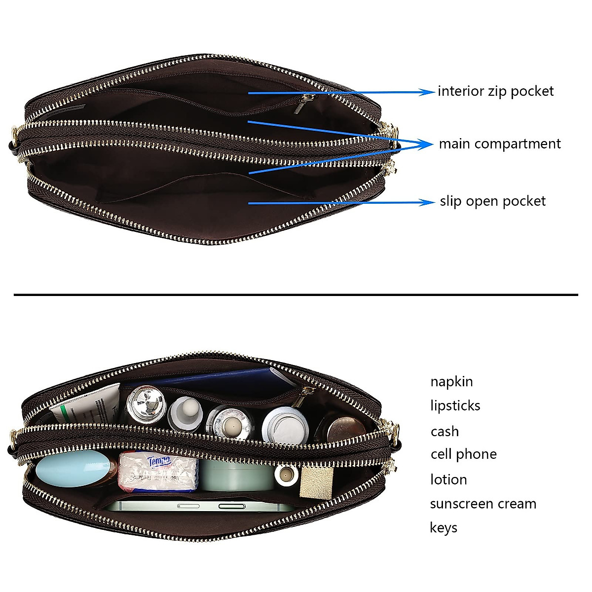 YALUXE Womens Wristlet Real Leather Quilted double zippers Large Clutch Wallet Shoulder Strap