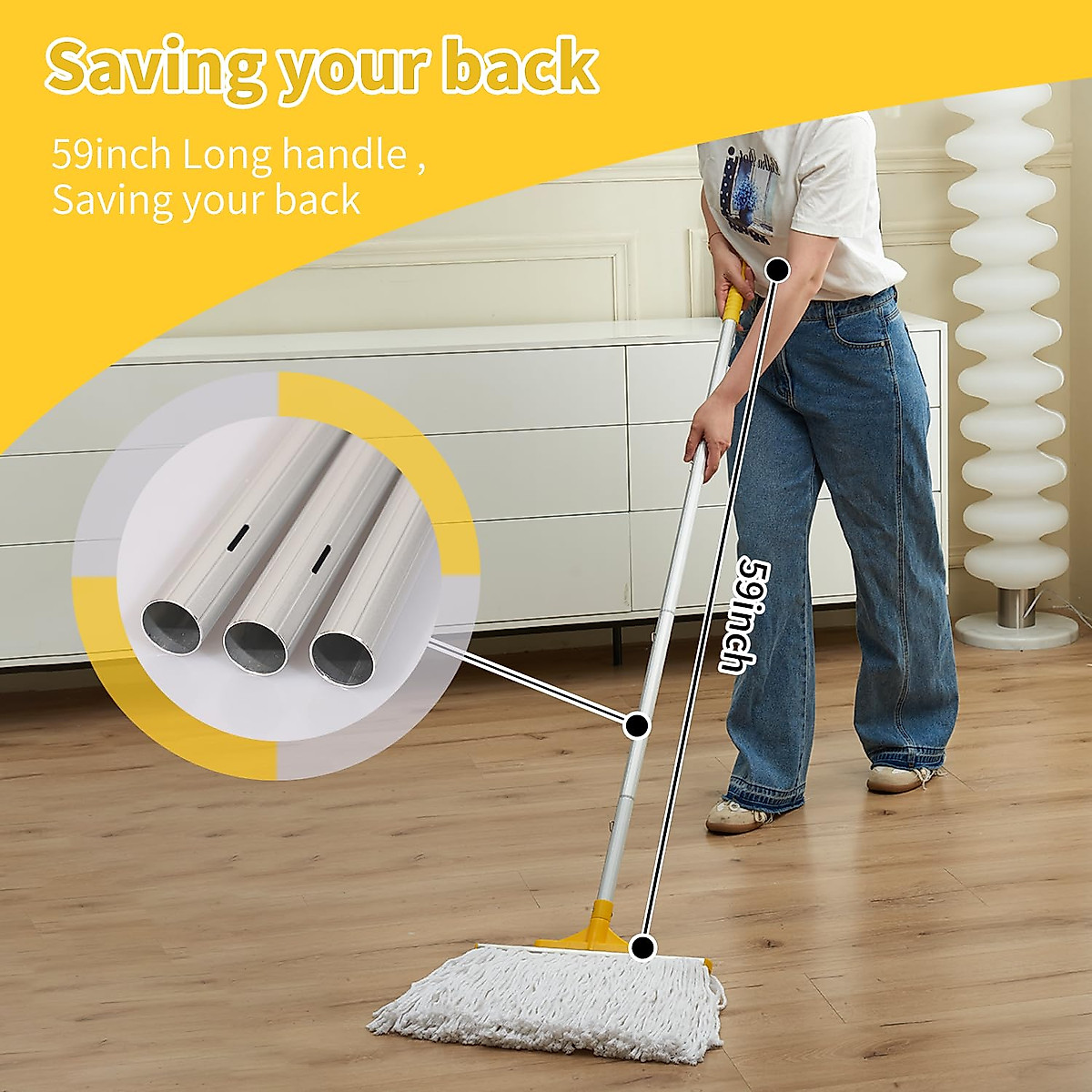 Commercial Industrial Mop for Floor Cleaning, String Wet Mop Heavy Duty Cotton Mop ,59inch Handle ,Add Extra One Mop Head