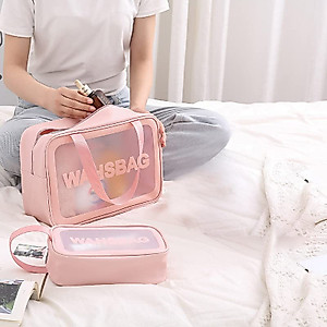 Cosmetic bag 2 pack small and large makeup bag,Travel Bags for Toiletries Transparent Makeup Bags with Zipper and Handle,pink