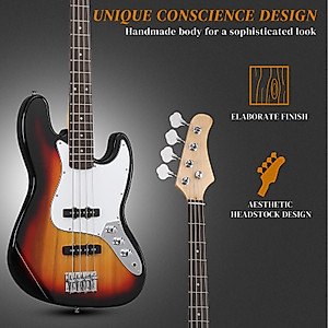 Ktaxon Electric Bass Guitar with 20Watt Amplifier, 4 String Right Handed Electric Bass Kit for Beginner & Professionals W/a Bag, Shoulder Strap, Guitar Pick, Wrench Tool(Brown Sunburst)