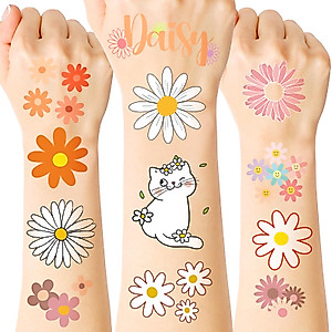 Demissle 260 Pcs Daisy Temporary Tattoo for Kids Summer Groovy Tattoo Stickers Waterproof Flower Cat Bear Rainbow Face Tattoos Boho Birthday Party Decoration Favor Cute Party Supplies Girls Boys Gifts