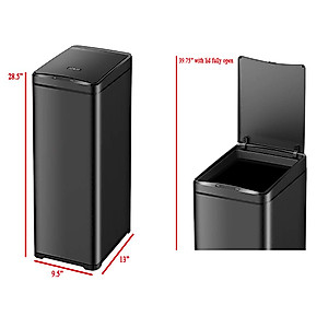 CozyBlock Automatic Trash Can for Kitchen, Black Steel Touchless Motion Sensor Bin, Wide Opening Soft Close Lid, LED Countdown Timer (13 Gallon- Slim Design)