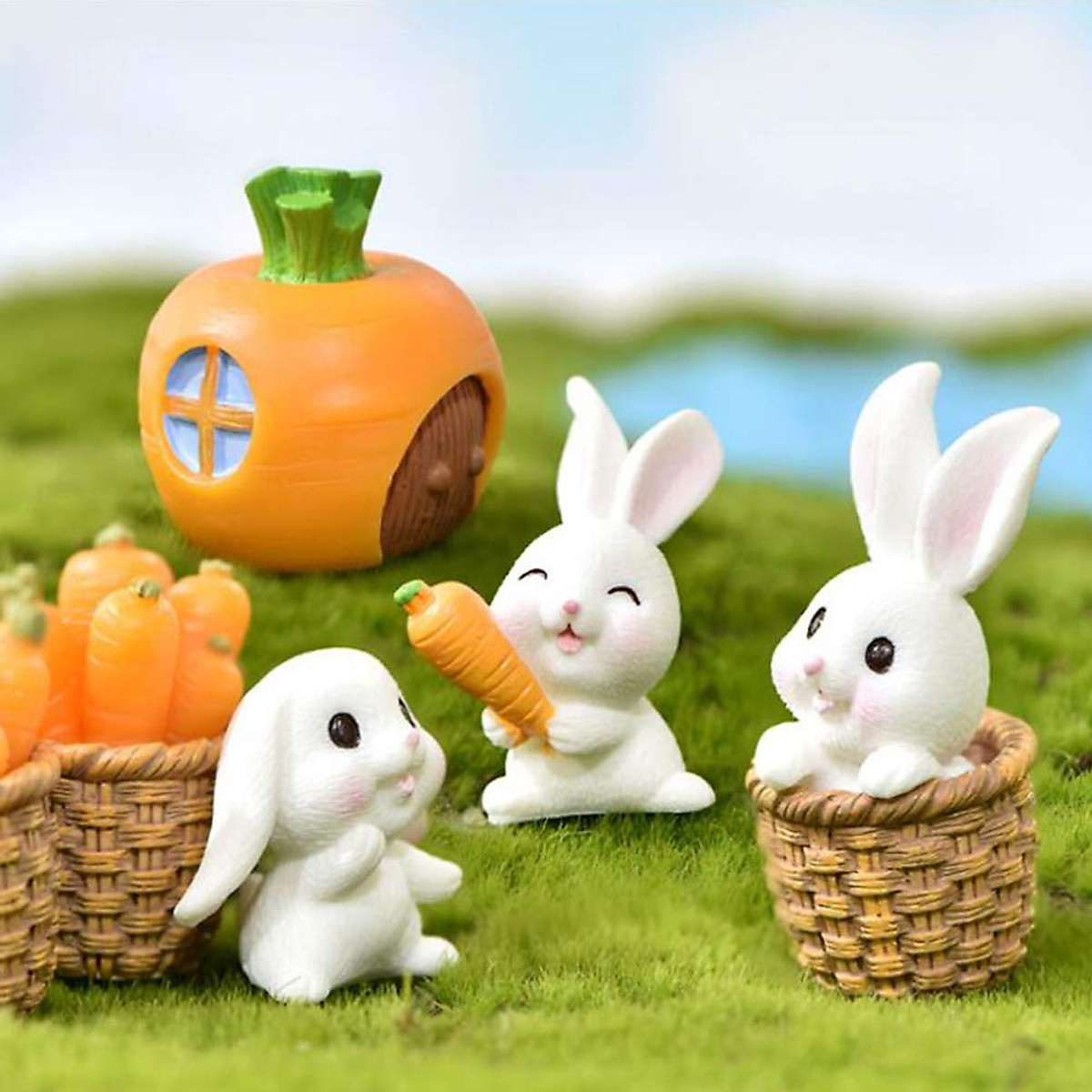 PRETYZOOM Easter Decoration Kit Bunny Miniature Straw Basket Carraot Figures Rabbit Bunny Fairy Garden Decor Dollhouse Ornament Micro Landscape Decor Cake Topper 7pcs