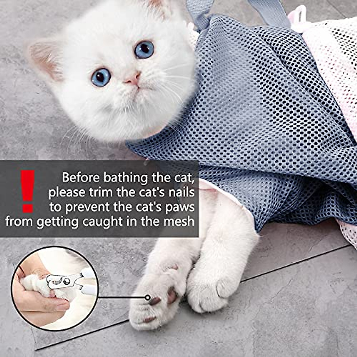 KlerRoem Cat Bathing Bag, Adjustable Anti-bite and Anti-Scratch Cat Shower Mesh Grooming Bag for Pet Dogs and Cats, Includes Pet Nail Clipper, Nail File, Grooming Glove, and Cat Shell Comb