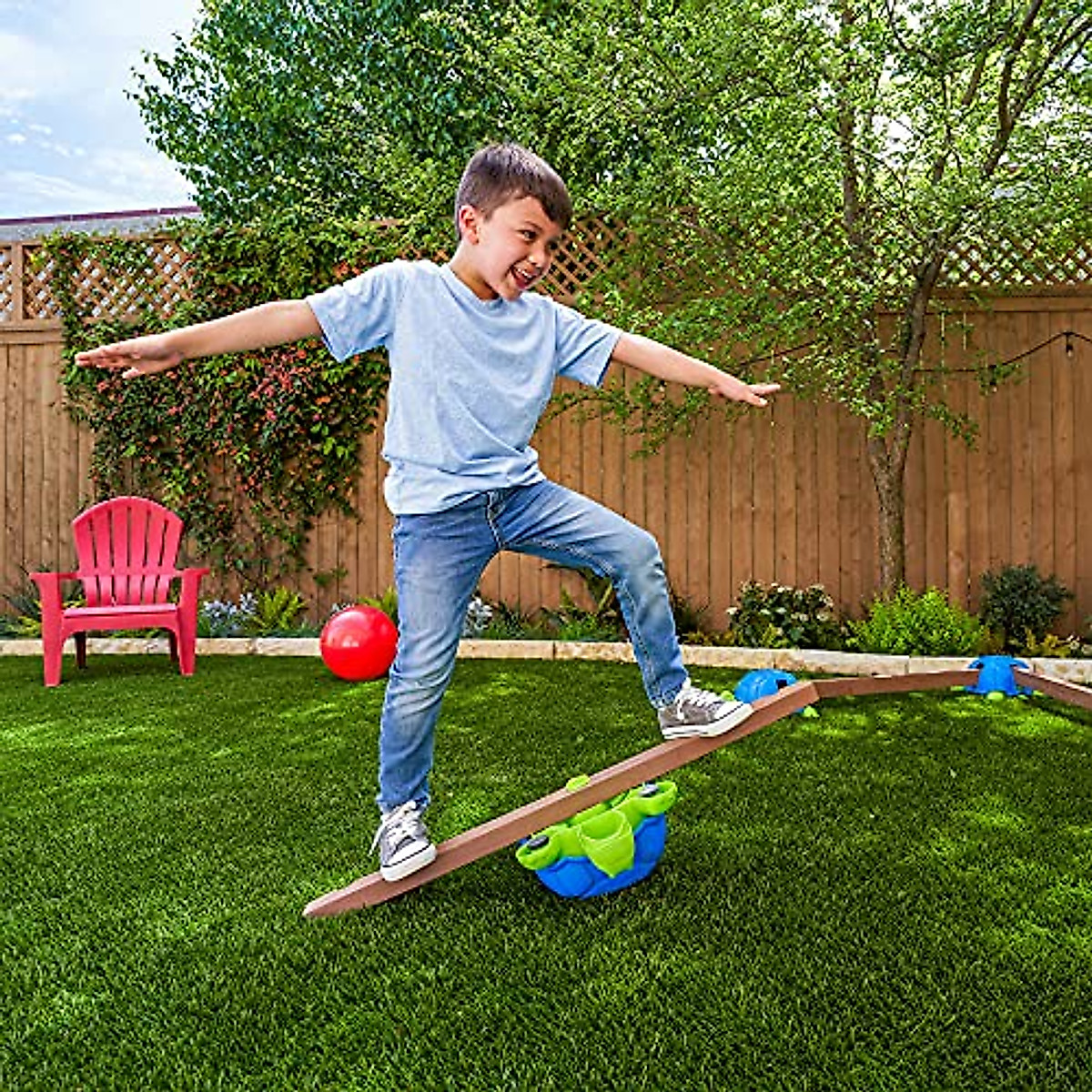 KidKraft Turtle Totter Wooden Adjustable Balance Beam for Toddlers with Squeaky Turtle and Wobble Board, Gift for Ages 2-5
