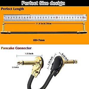 HONEST KIN Guitar Patch Cables 12 inch Flat Low Profile, 1/4" Right Angle Guitar Pedal Instrument Cable, Gold Plated Pancake Connector S-Shape Effects Pedal Cable (Pack of 3)